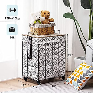TECHMILLY Rolling Laundry Basket with Lockable Wheels, Large Laundry Hamper with Wood Lid, Metal Laundry Basket Organizer with Detachable Liner, Collapsible Clothes Hamper with Rope Handle, White