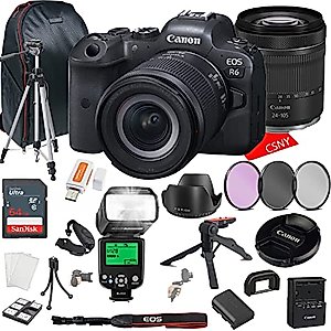 Canon EOS R6 Mirrorless Camera w/RF 24-105mm f/4-7.1 is STM Lens + 64GB Memory + Back Pack Case + Tripod, TTL Flash, Filters, & More (28pc Bundle)