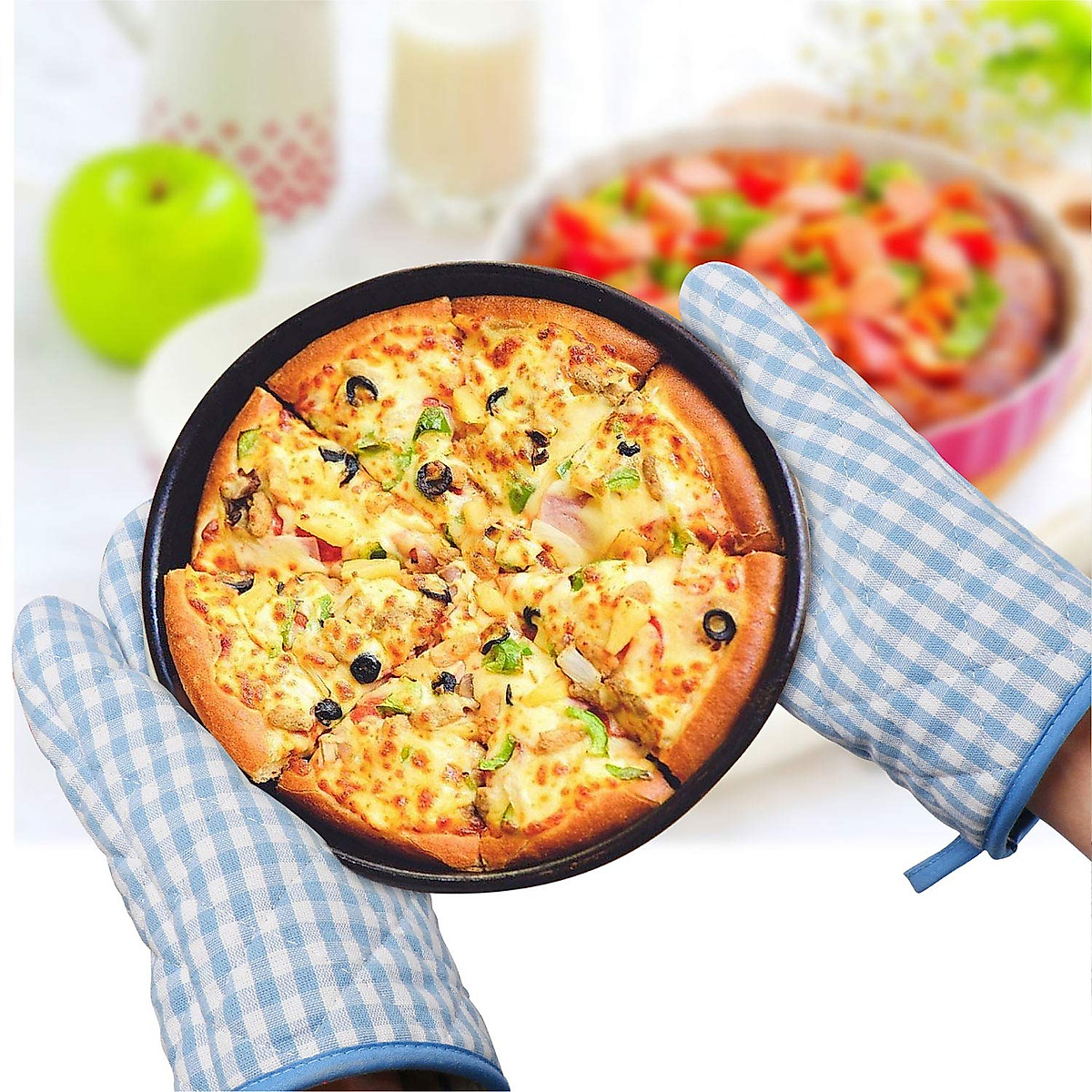 Kitchen Oven Mitt and Pot Holders, 5 pcs Heat Resistant Vintage Cotton Gingham Oven Mitts and Potholders Hot Pads Mats Coasters Set for Cooking Baking (Blue Set)