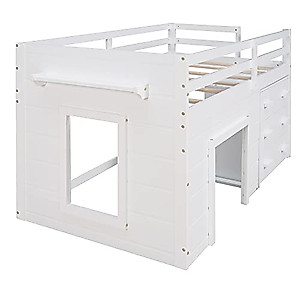 DEYOBED Wooden Twin Size Loft Bed Frame with Bedside Shelf, Storage Cabinet, Safety Guardrail and Ladder, for Kids Teens Boys Girls Bedroom, White