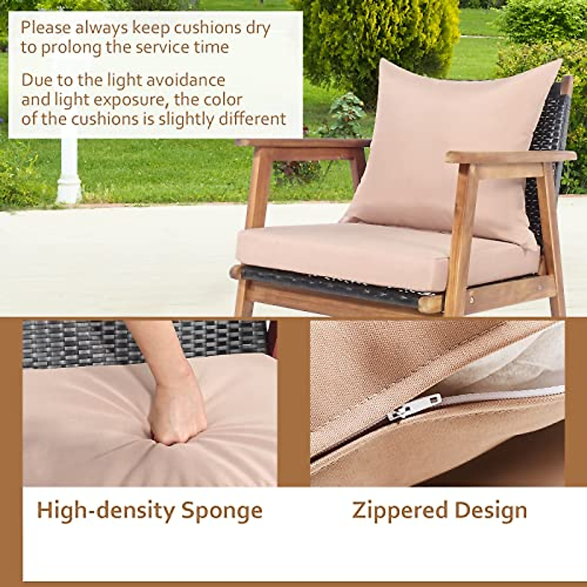 Tangkula 4-Piece Patio Furniture Set, Outdoor Acacia Wood Conversation Set with Cushions and Coffee Table, Outdoor PE Wicker Sectional Sofa Set for Garden, Poolside and Backyard (1, Beige)