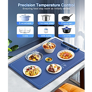Electric Warming Tray - Full Surface Heating,Rollable & Portable - 3 Temperature Settings & Fast Heating，Food Warmer Rolling Silicone Mat for Gatherings,Parties, Buffet,Everyday Use (Blue)