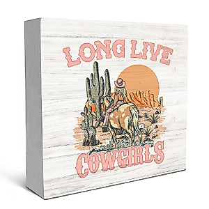 SRADMO Long Live Cowgirls Wood Box Sign Desk Decor，Retro Western Cowgirl Rodeo Theme Wooden Block Box Sign Decoration For Western Home Office Shelf Table Decor