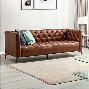 HULALA HOME 85" W Genuine Leather Sofa Couch with Metal Legs, Button-Tufted 3-Seater Sofa with Square Arms, Mid Century Modern Upholstered Couch for Living Room, Bedroom, Apartment, Brown