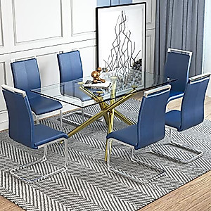 63 Inch Glass Dining Table,4-6 Person Home Dining Table Large Size Kitchen and Dining Room Table with Tempered Glass top and Gold Metal Legs, Modern Rectangular Dining Table (Gold Legs