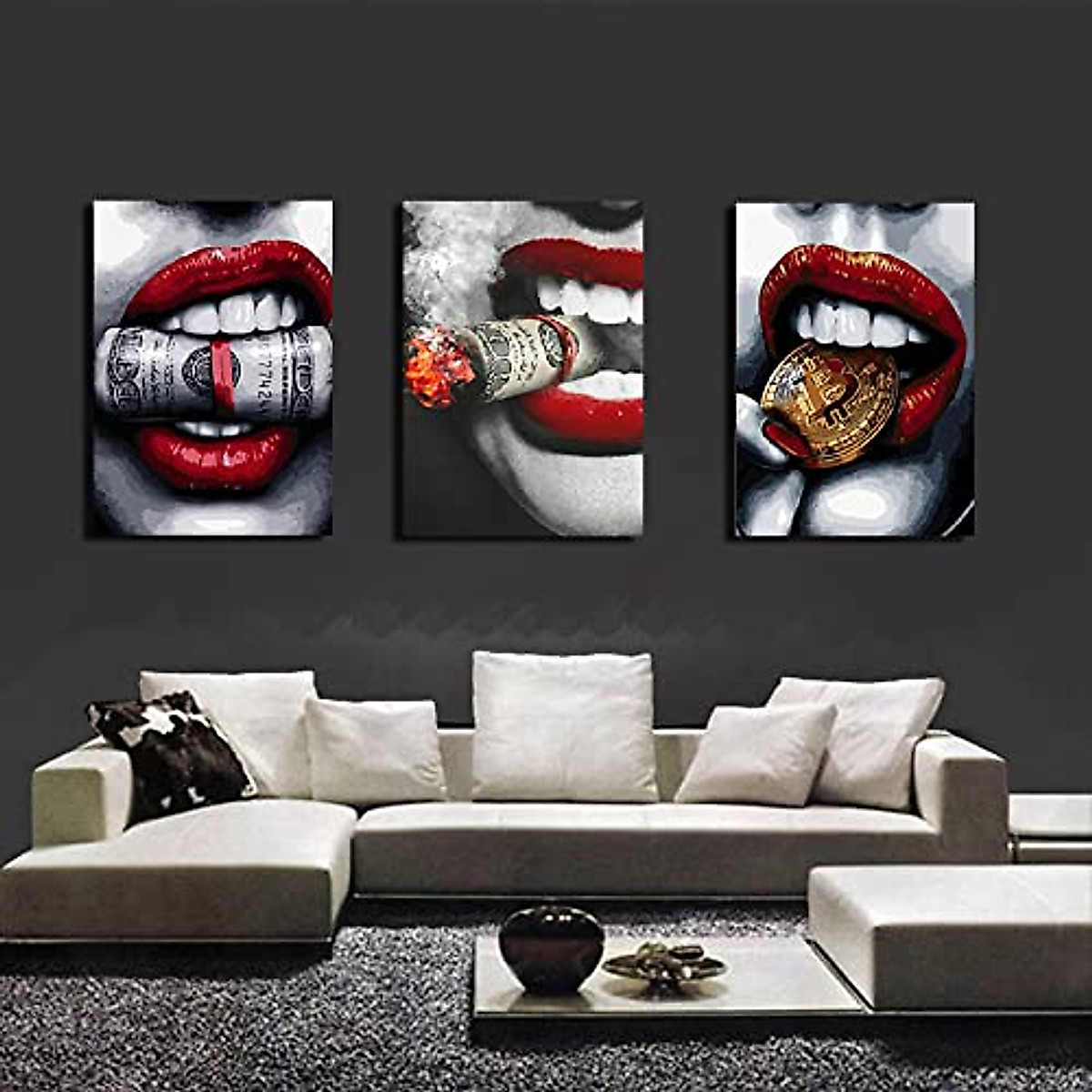 Red Lips Series: 【Luxury】-Spray Painting Core Modern Fashion Sexy Red Lips Nordic Style Room Decoration Painting Sofa Background HD Wall Painting Set of 3（11.8"X15.75")【No Fram