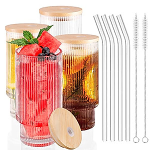 AKONEGE Ribbed Glassware Drinking Glasses with Lid and Straws, 12oz Ribbed Glass Cups Vintage Fluted Glassware Set of 4, Iced Coffee Cup, Coffee Bar Accessories for Whiskey Cocktail Beer Coffee Tea