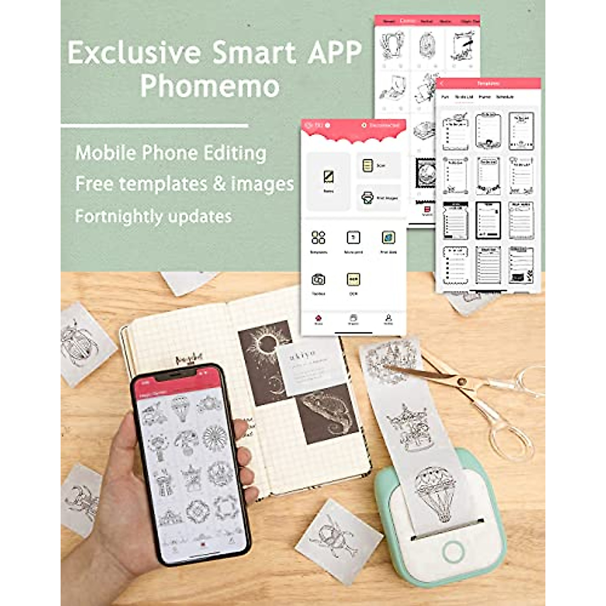 Memoqueen Pocket Sticker Printer T02 Thermal Photo Printer, Sticker Maker Machine for Photos, Diaries, Memos, Study Notes, Work Plans,Wireless Receipt Printer Compatible with iOS & Android, Green