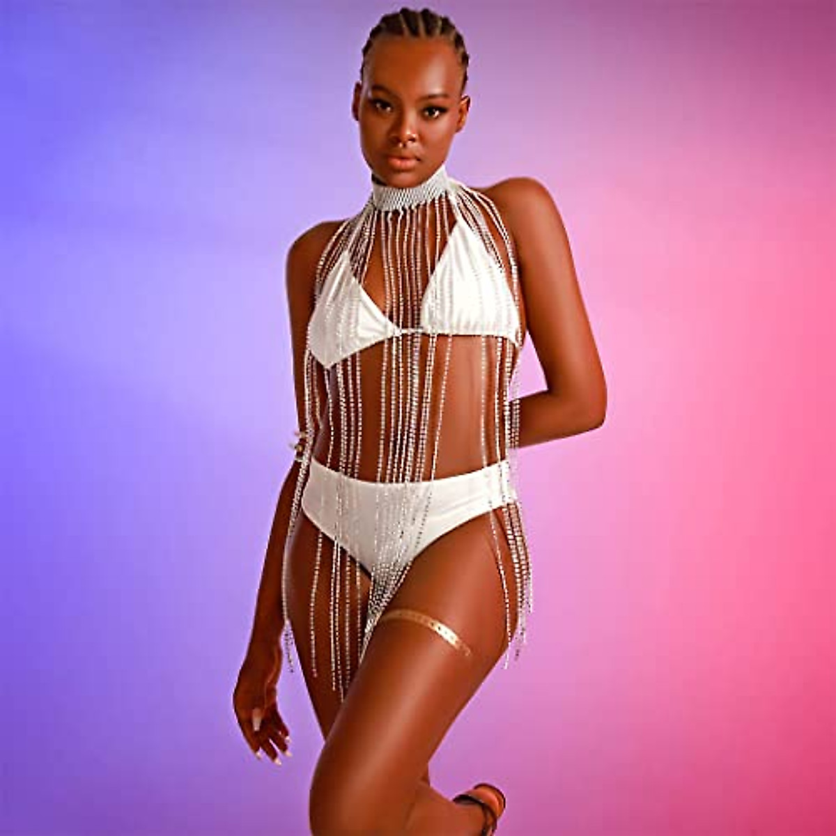 Fstrend Women Rhinestone Choker Long Tassel Necklaces Sparkly Crystal Collar Necklace Fashion Statement Party Festival Body Accessories Jewelry Chain