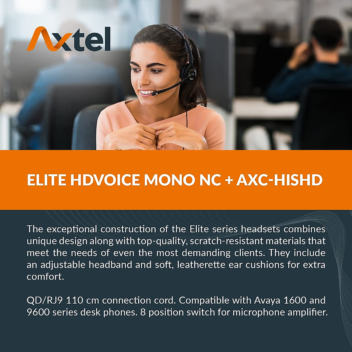 Axtel Bundle Elite HDvoice Mono NC with AXC-HISHD Cable | Noise Cancellation - Compatible with Avaya 1600/9600 Series IP Phones | Microphone Amplifier with up to 8 Levels