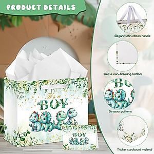 Baby Shower Decoration Gift Bags for Boys It's a BOY Dinosaur Gift Bag with Greeting Card and Tissue Paper for Baby Shower Birthday Wrapping Paper Bag for Newborn Dinosaur Birthday Party Supplies