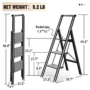 3 Step Ladder, Folding Step Stool with Wide Anti-Slip and Sturdy Pedal, Convenient Handgrip, Aluminum Lightweight Portable Step Stool for Adults Multi-Use for Home and Kitchen, Black, 330 lbs