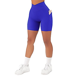 SUUKSESS Women Cross Waist Workout Shorts with Pockets Ribbed High Waisted Booty Biker Shorts (#1 Royal Blue, S)