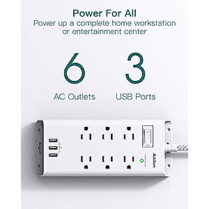Addtam Power Strip Surge Protector 6 Outlets and 3 USB Ports 5Ft Long Extension Cord, Flat Plug Overload Surge Protection Outlet Strip, Wall Mount for Home, Office and Dorm