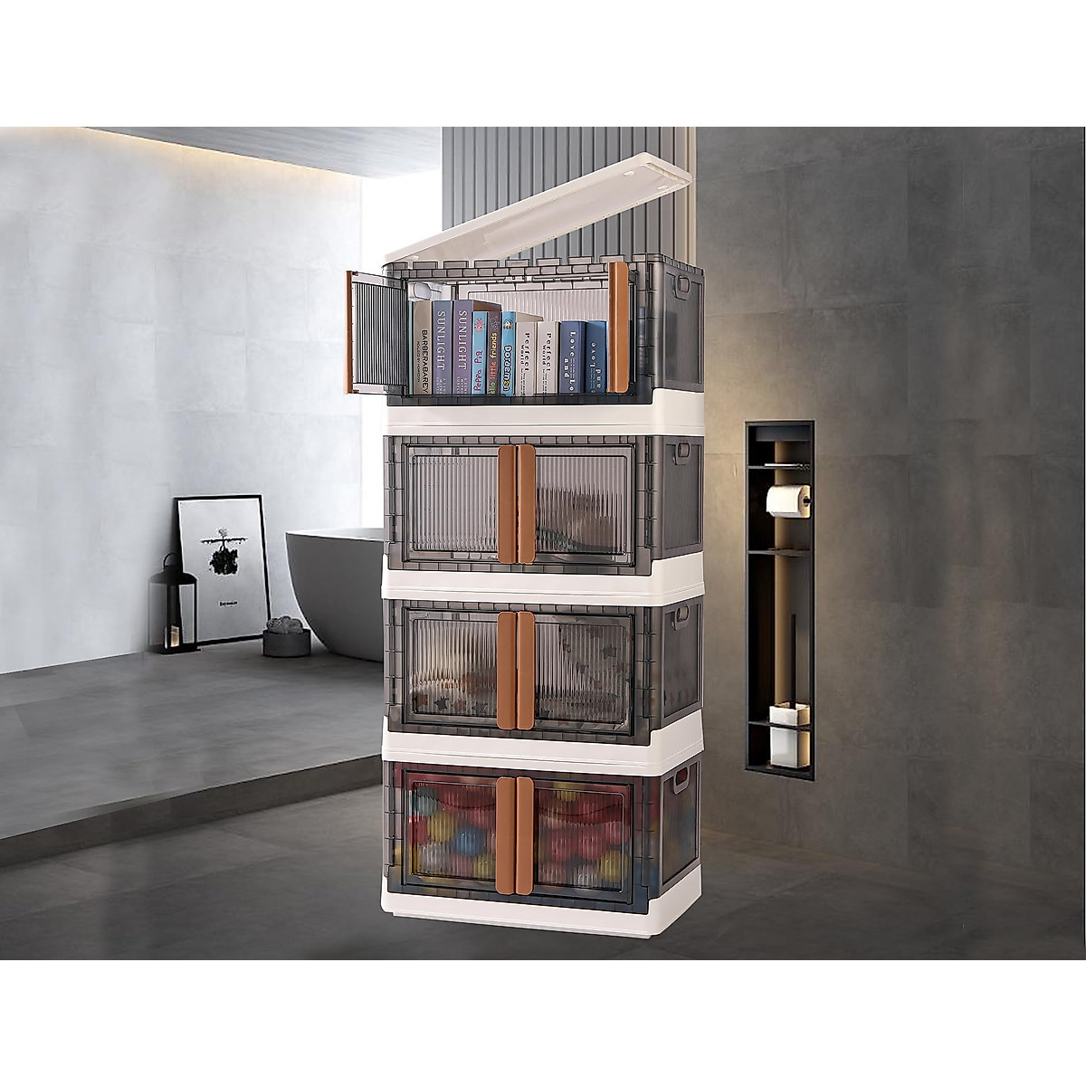 304 Quart Collapsible Clothes Storage with Wheels can be Freely Stacked, Stackable Bins with Lid and Door for Toy, Seasonal Clothes, Keepsakes, Decorations, Shoes，Food Items.(19 Gal 4Pack)