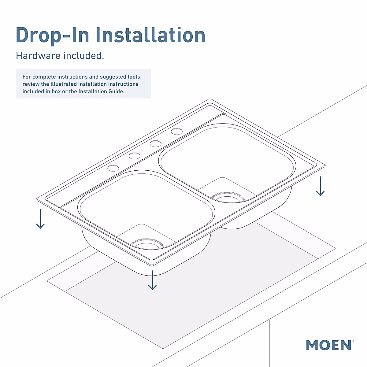 Moen GS202174BQ 2000 Series 33-inch 20 Gauge Drop-in Double Bowl Stainless Steel Kitchen Sink, 4 Hole, Featuring QuickMount