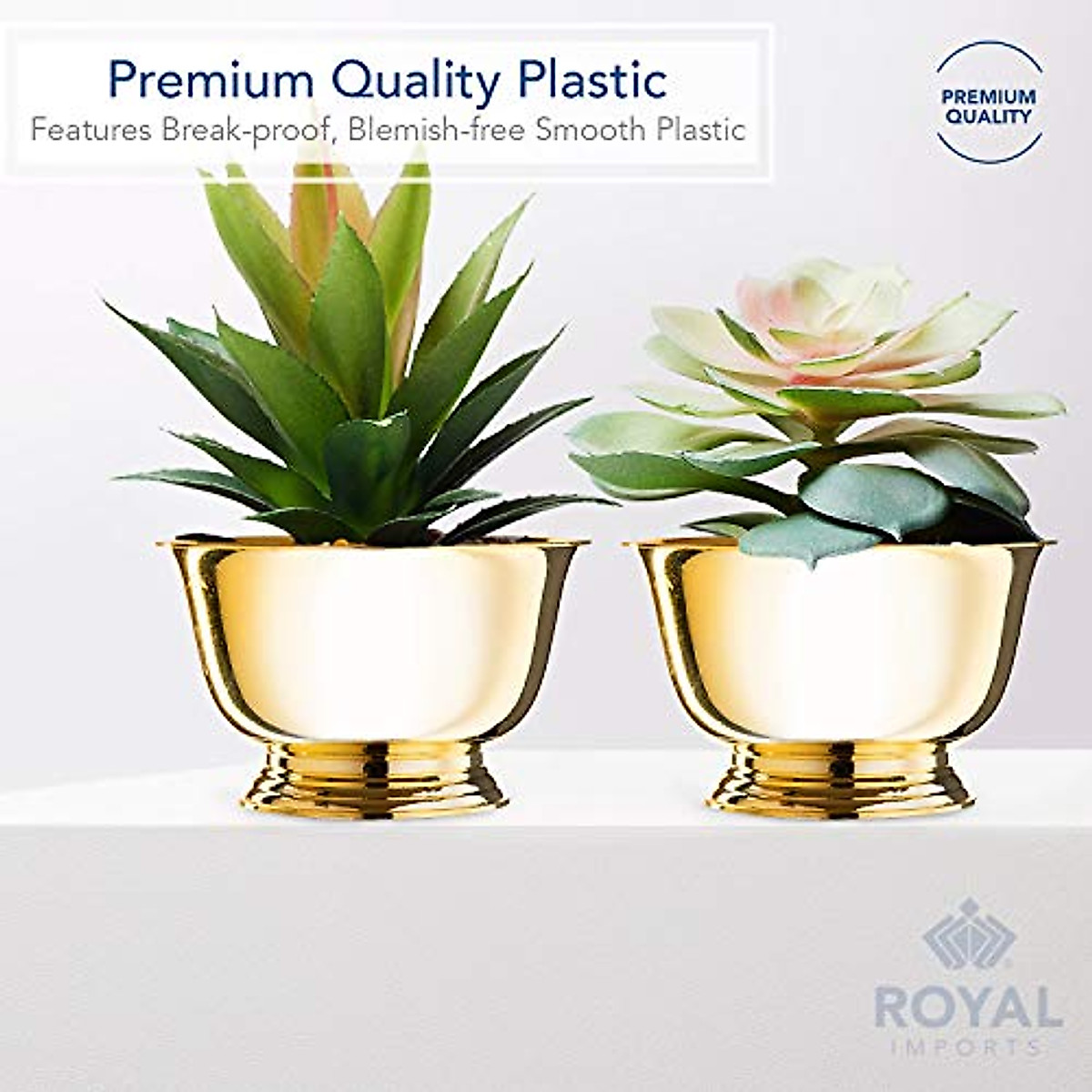 Royal Imports 8" Decorative Plastic Planter Pedestal Bowl- Flower Pot Cover, Footed Succulent Dish for Wedding, Party, Garden, Home and Holiday Decor, Gold, 2 Pack