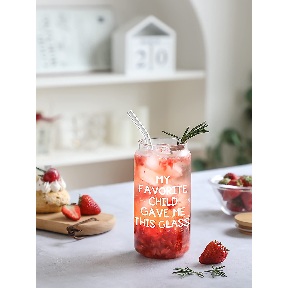 WODOHOLO Birthday Gift for Dad Mom from Daughter, Son, Father Birthday Gifts, Fathers Day Drinking Glass Cup 16oz with Lid and Straw Can Shaped Glass Mama Iced Coffee Bear Can Glass Tumbler