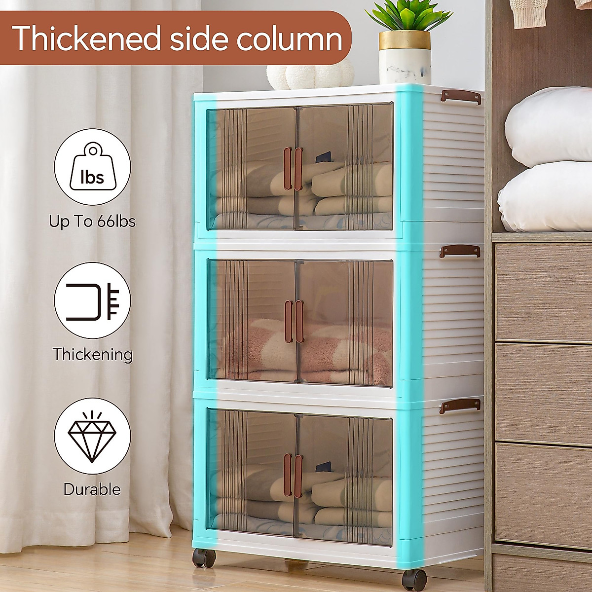 Homeforce Collapsible Storage Bins with Lids 3 Pack 17 Gal Each, Stackable and Foldable Storage Boxes with Doors & Wheels, Large Closet Organizers and Storage Cabinet, Suitable for kids over 6