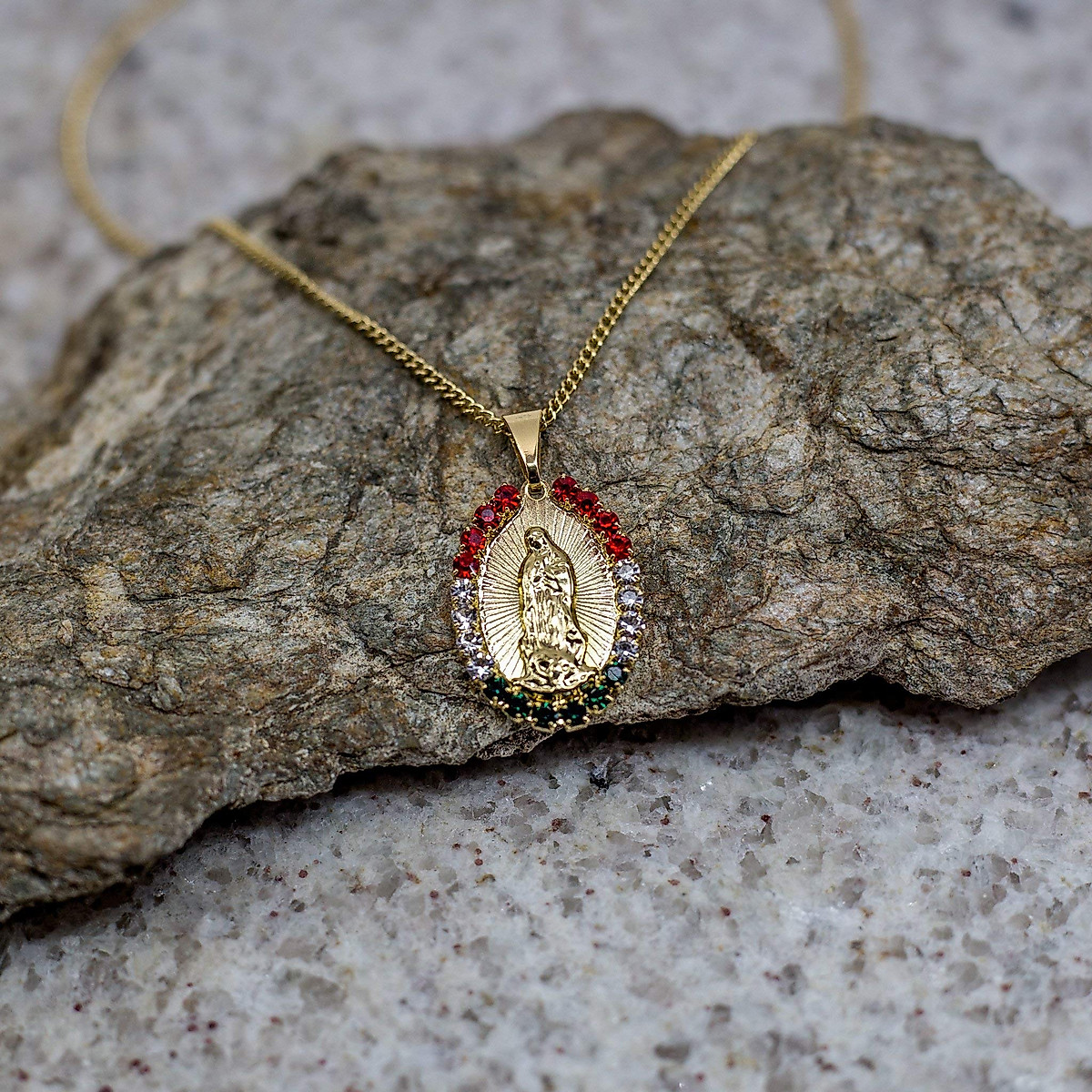 AMA 18K Gold-Plated Guadalupe Pendant Choker with Swarovski - 18-Inch Adjustable Golden Chain with Red, Green, White Crystal-Encrusted Virgin Mary Piece - Hypoallergenic Religious Jewelry for Women