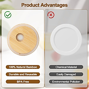 sungwoo 4PCS Bamboo Lids with Straw Hole, Reusable Wooden Lids for Glass Cups, 2.76inch/70mm Canning Lids with Silicone Ring for Regular Mouth Drinking Jars, Replacement Bamboo Lids for Beer Glasses