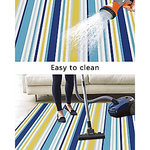 Blue Yellow Striped Outdoor Rug for Patio/Deck/Porch, Non-Slip Large Area Rug 4 x 6 Ft, Farmhouse Navy Blue Ombre Stripes Indoor Outdoor Rugs Washable Area Rugs, Reversible Camping Rug Carpet Runner