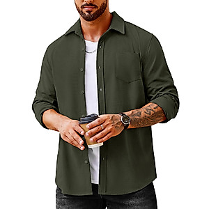 COOFANDY Men's Corduroy Shirt Jacket Slim Fit Button up Work Shirt with Two Flap Pockets Army Green