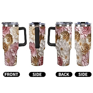NVBSKKDH Pink White Gold Flowers 40 Oz Stainless Steel Tumbler with Handle & Straw Double-Walled Vacuum Insulated Travel Mug for Hot/Cold Drinks, Reusable Thermal Cup for Car Cup Holder