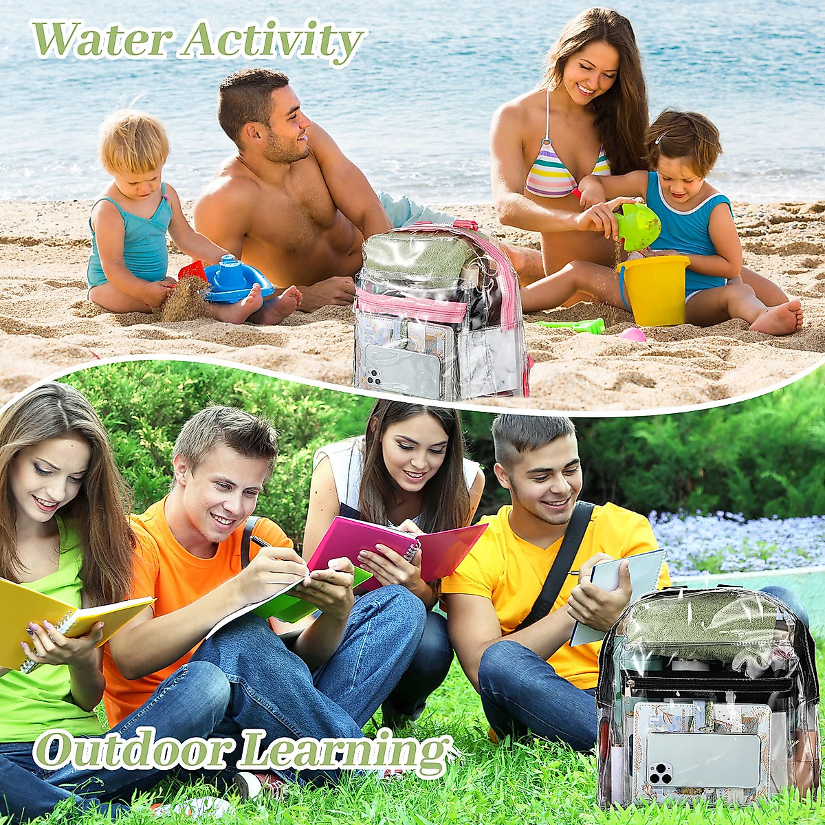 Zhehao 2 Pcs Clear Mini Backpacks Plastic Transparent Backpacks PVC Backpack for Kids, School, Concert, Beach, Stadium, Travel (Black, Pink)