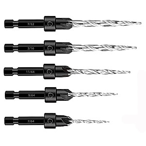 Eyech 5pc Wood Countersink Drill Bit Set Taper Drill Countersink Set 1/4" Hex Shank for Woodworking 7/64 9/64 11/64 3/16 7/32
