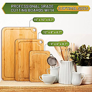 Bamboo Cutting Board Set of 3, Cutting Boards in Large, Medium & Small Size, Organic Wooden Cutting Boards for Kitchen, Vegetable & Meat Cutting Board, Cutting Board With Juice Groove & Handles