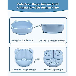 OFUN 8 Pack Silicone Toddler Feeding Set, Baby Led Weaning Supplies with Adjustable Bib, Divided Suction Plate, Bowl and a Sippy Cup, with 2 Spoon, 2 Folk, Eating Utensil for 6+ Months, Blue