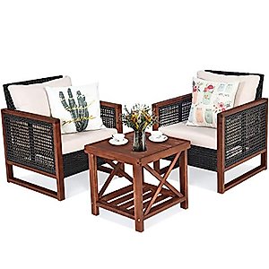 Tangkula 3 Pieces Patio Wicker Furniture Set, Rattan Outdoor Sofa Set w/Washable Cushion & Acacia Wood Coffee Table, Conversation Bistro Set for Garden Balcony Backyard (Beige)