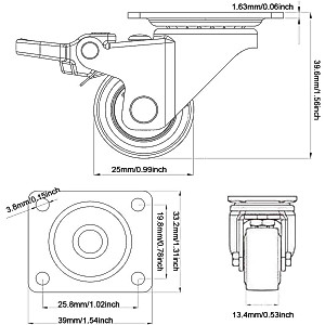 GBL 1" inch Small Caster Wheels with 2 Brakes + Screws - 90Lbs - Low Profile Castor Wheels with Brakes - Set of 4 No Floor Marks Silent Casters - Mini Wheels for Cart