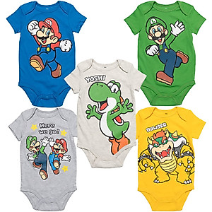 Super Mario Nintendo Luigi Mario Yoshi Infant Baby Boys 5 Pack Cuddly Short Sleeve Bodysuits Multi 12 Months