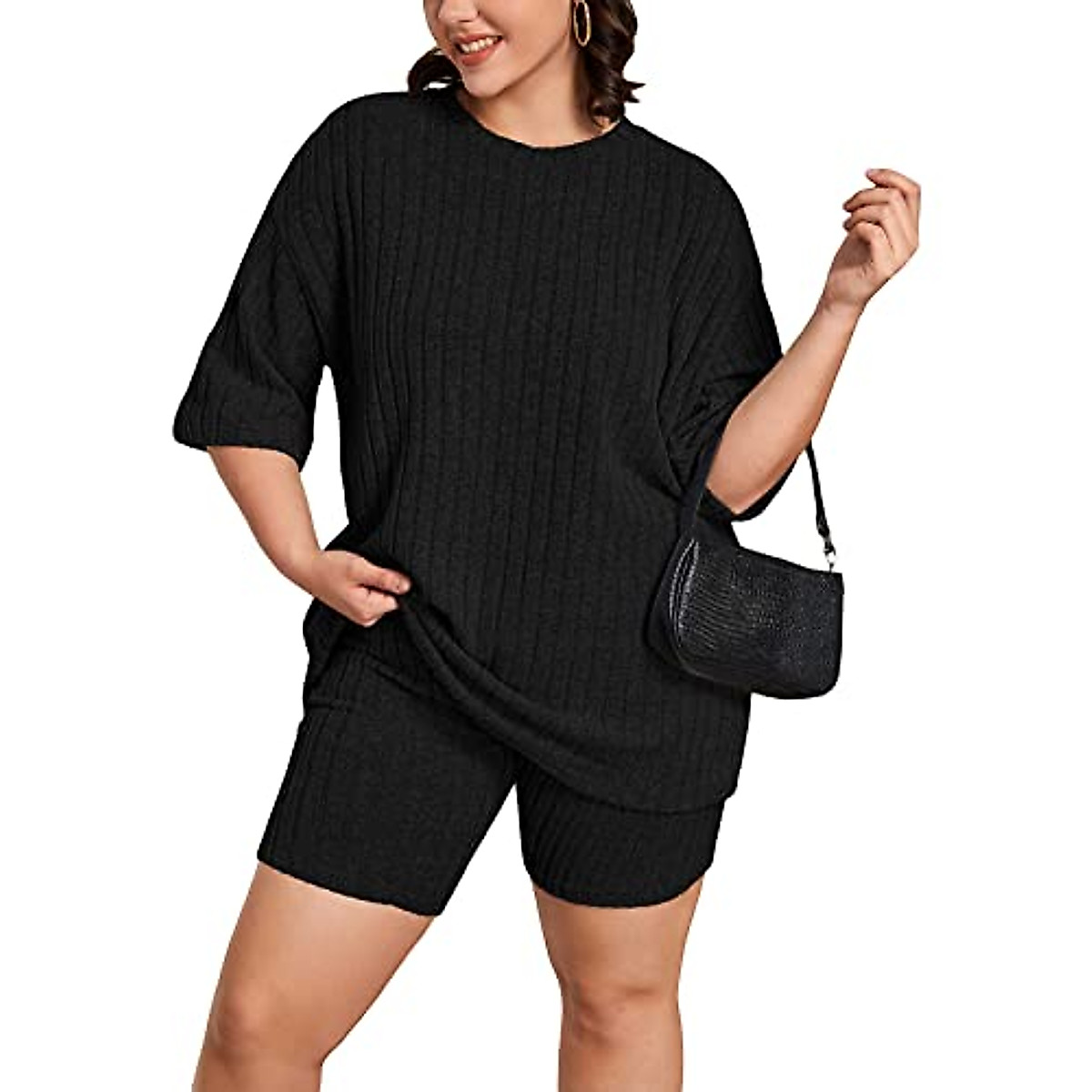 Verdusa Women's Plus Size Lounge Sets 2 Piece Ribbed Half Sleeve Top and Shorts Black 4XL