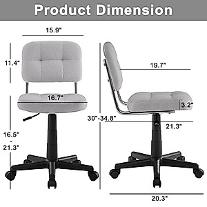 VECELO Modern Armless Home Office Desk Chair, 360°Rolling Swivel Adjustable Height for Make Up/Bed Room/Small Space, Linen Fabric, Gray