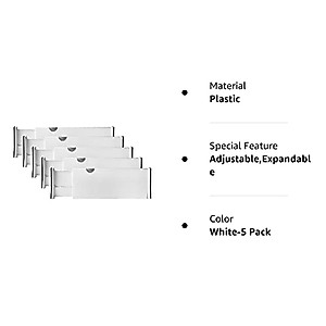 RAPTUROUS Deep Drawer Divider 5 Pack, [5 Inch Tall, 13-22"] Long Expandable, Adjustable Drawer Dividers for Clothing, Clothes, Dresser, Kitchen, Strong & Sturdy Hold, Soft Foam Edges（White）