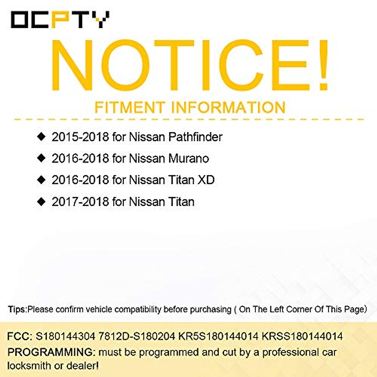 OCPTY 1 PCS Keyless Entry Remote Control Key Fob Transmitter Replacement for 15 16 17 18 for Nissan Pathfinder Murano Titan XD Titan S180144304 7812D-S180204 KR5S180144014 3 Buttons