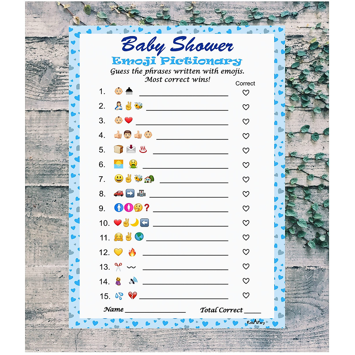 Baby Shower Emoji Pictionary Game, Blue for Boy, Baby Shower and Sprinkle Party Ideas, Play Pack of 30 Cards 5”x7”. Made in USA