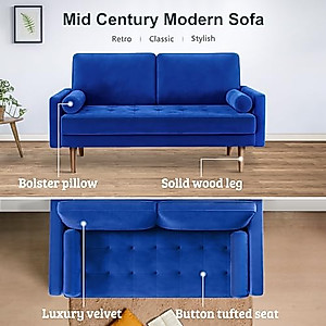 Vesgantti 58 inch Loveseat Sofa, 2 Seater Sofa for Small Space, Button Tufted Blue Velvet Couch with 2 Pillows, Mid Century Modern Couch w/Armrest, Small Couches for Living Room, Bedroom, Apartment
