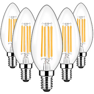 5 Pack C35 4Watt LED Candelabra Bulbs Equivalent to 40w Incandescent Bulbs,3000K Warm White 500 Lumens,B11 Candelabra Light Bulbs, E12 Dimmable Filament Clear Glass Candle Lamp for Home Decor