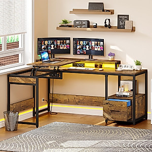 YITAHOME L Shaped Desk with Power Outlets & LED Lights, 65" Corner Computer Desk with File Drawer & Lift Top, Home Office Desk Height Adjustable Desk with Monitor Stand, Rustic Brown