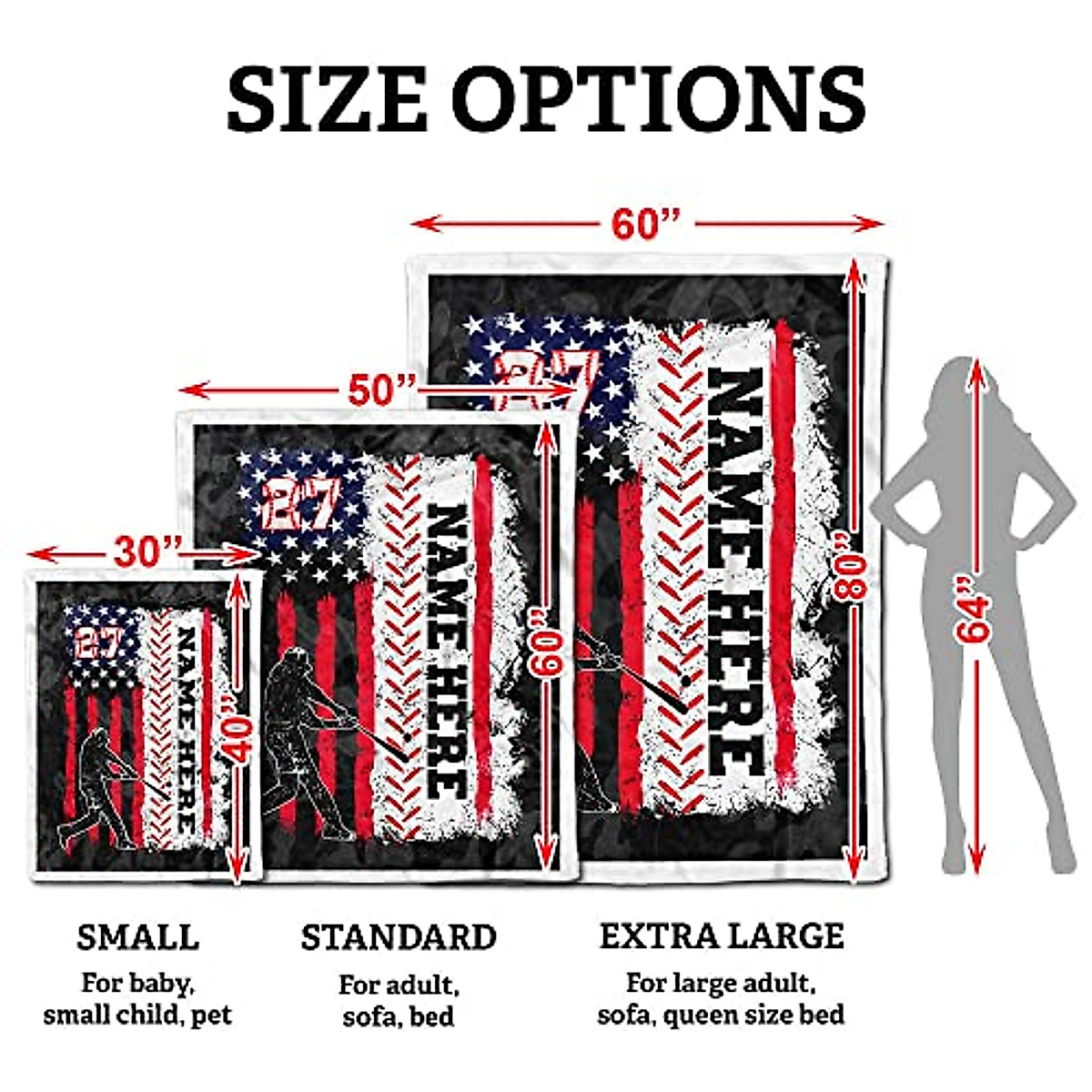 TEEMAN Personalized Baseball Blanket for Boy, American Flag Throw Blanket, Custom Name Number Baseball Gifts for Boys 8-12, Gift for Sport Baseball Player and Lover on Birthday, Baseball Season