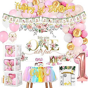 PYCALOW First Birthday Decorations Girl - 1st Birthday Girl Decorations Include Balloon Garland Arch, Box, Backdrop, Hat, Banner, High Chair Banner, Poster, Topper, Baby Girl 1st Birthday Decorations