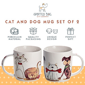 SPOTTED DOG GIFT COMPANY Dog and Cat Coffee Mug Set, 12 oz Cute Mugs Ceramic Porcelain China Coffee Tea Cups, Animal Themed Gifts for Cat Lovers and Dog Lovers Women Men, Set of 2