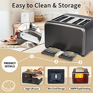 SEEDEEM Toaster 4 Slice, Full Touch control Toaster, LCD Display, 6 Bread Type, 7 Shade Settings, 1.4''Wide Slots，More Time Function, Removable Crumb Tray, 1800W, Dark Metallic