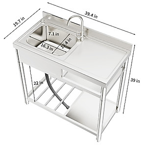 ROOMTEC 304 Stainless Steel Single Bowl Utility Sink Set, Commercial Restaurant Kitchen Sink, Outdoor Sink with Workbench & Storage Shelve with Hot and Cold Water Pipes (39 in (Left bowl))