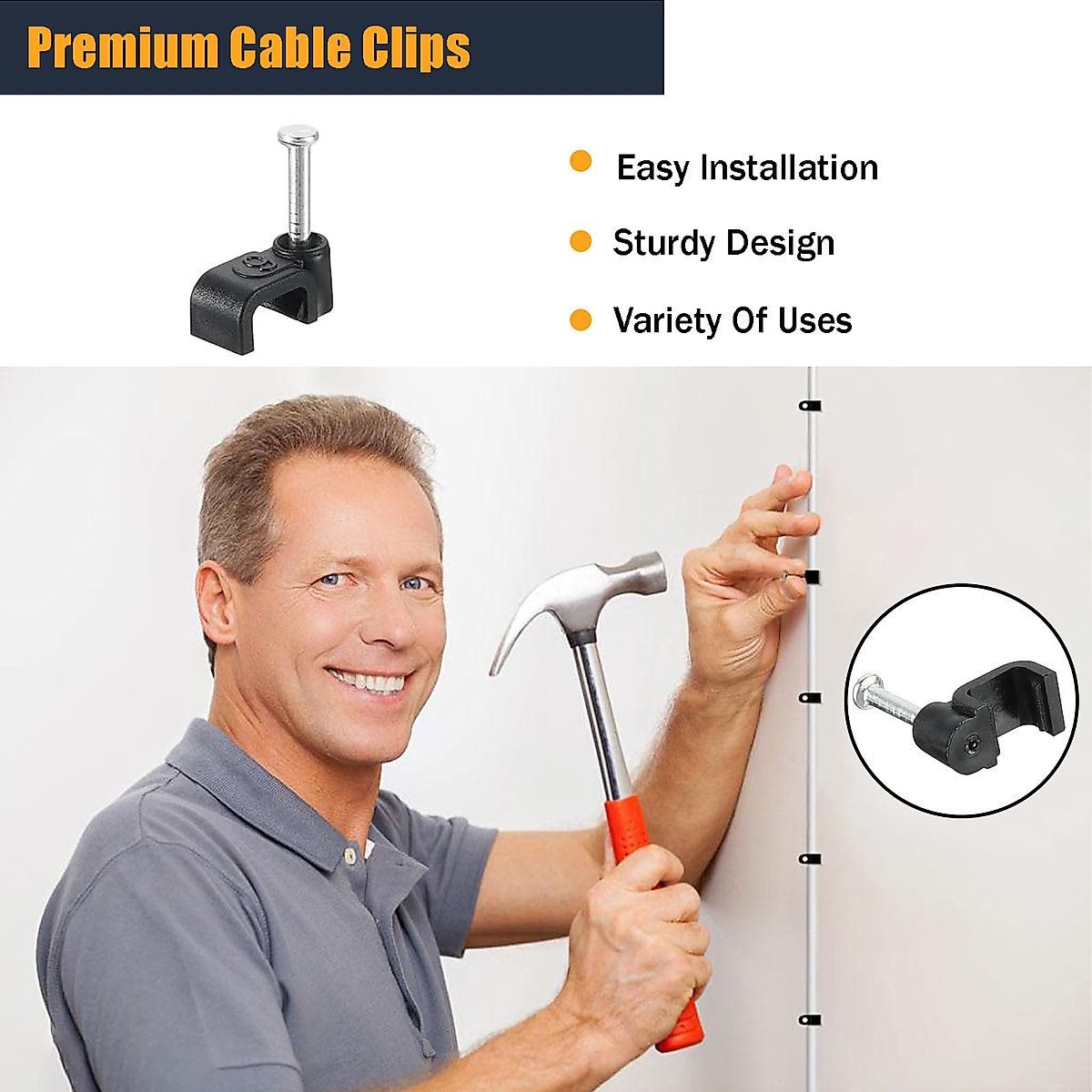 15FT Telephone Extension Cord Cable, Landline Phone Line Wire with RJ11 6P4C Plugs, Includes Cable Clips - Black - 2 Pack