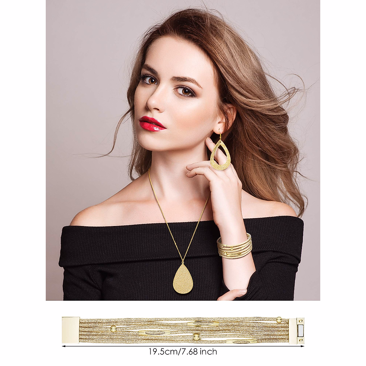 Hicarer 4 Pieces Women's Glitter Jewelry Set Bridal Wedding Multi-Layer Bracelet Faux Leather Dangle Earrings Necklace (Gold)